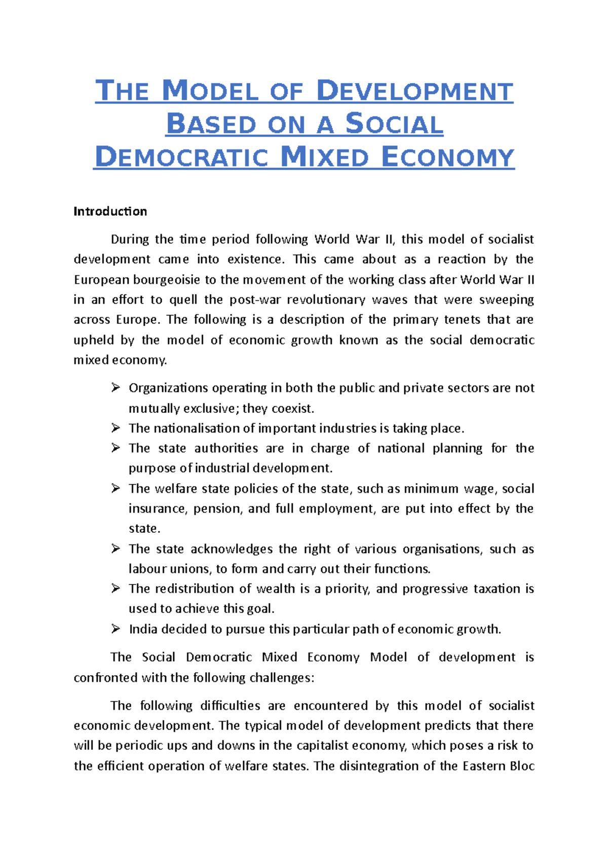 THE Model OF Development Based ON A Social Democratic Mixed Economy - T ...
