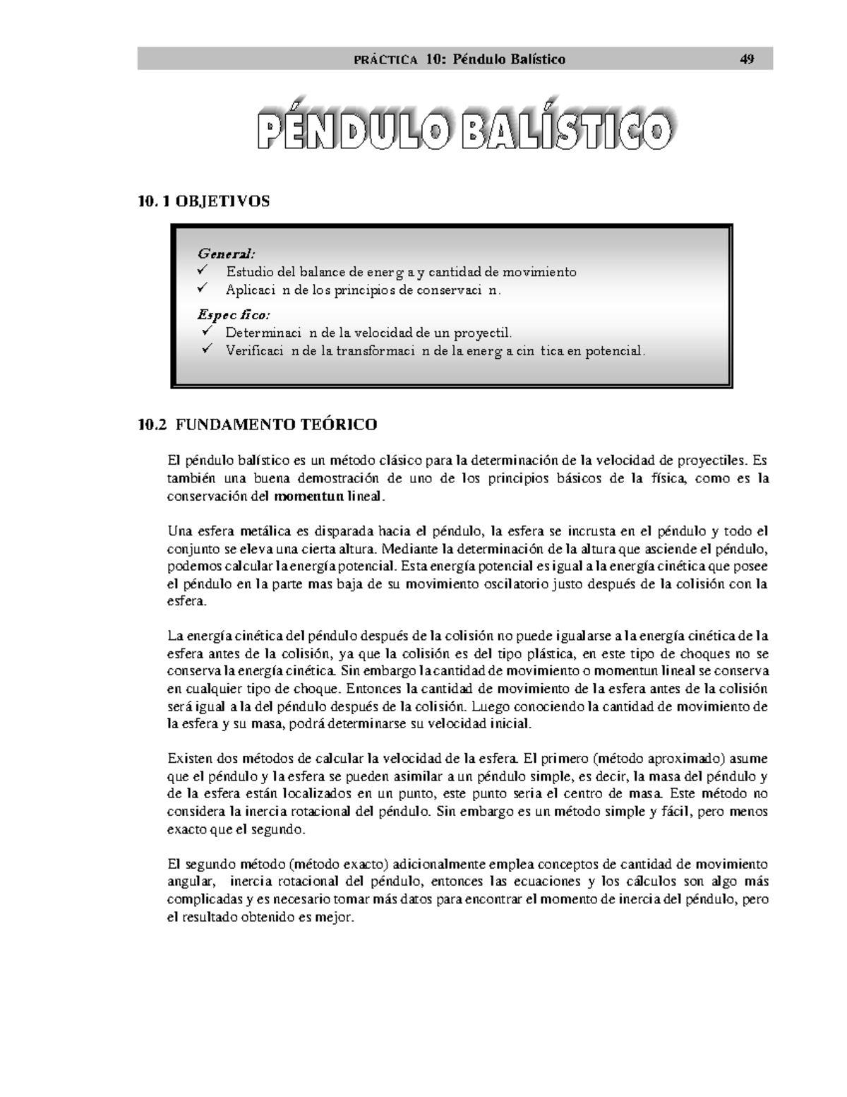 PRÁCTICA 10: Péndulo Balístico - Estudio de Velocidad y Conservación ...