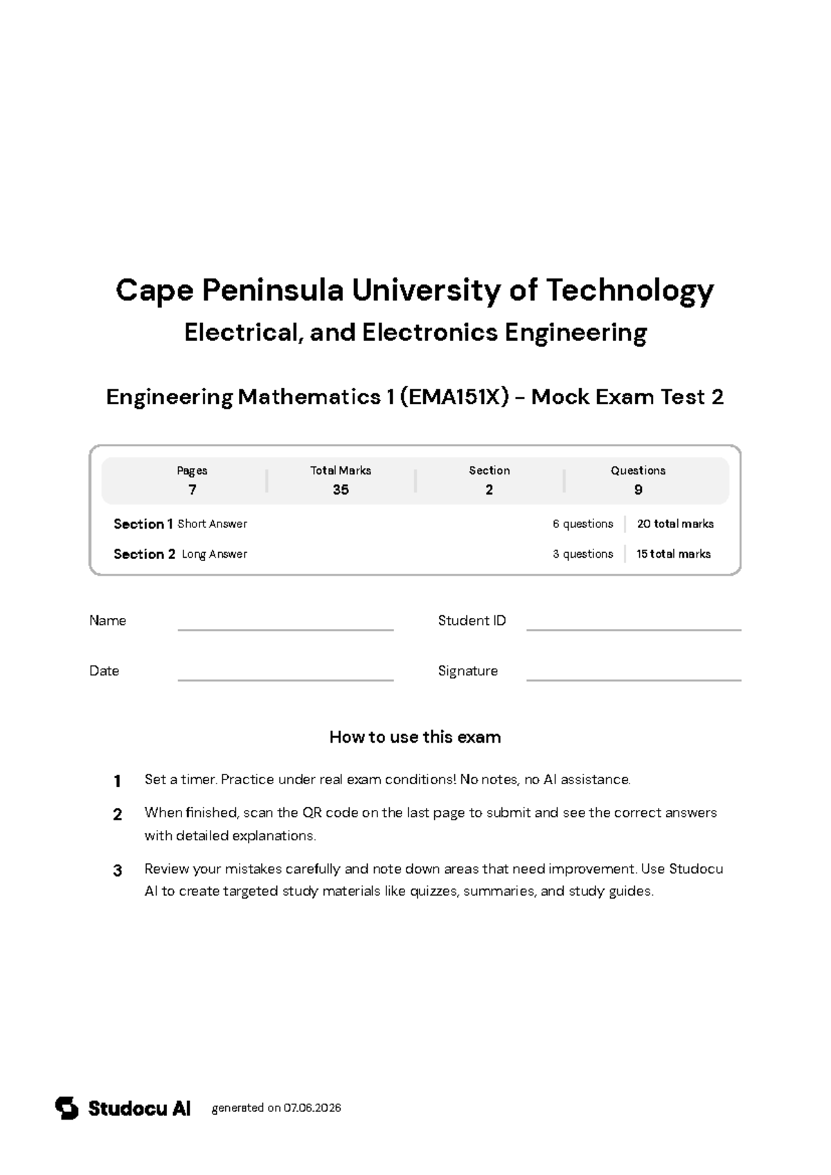 EMA151X - Engineering Mathematics 1 Mock Exam Test 2 - Studocu