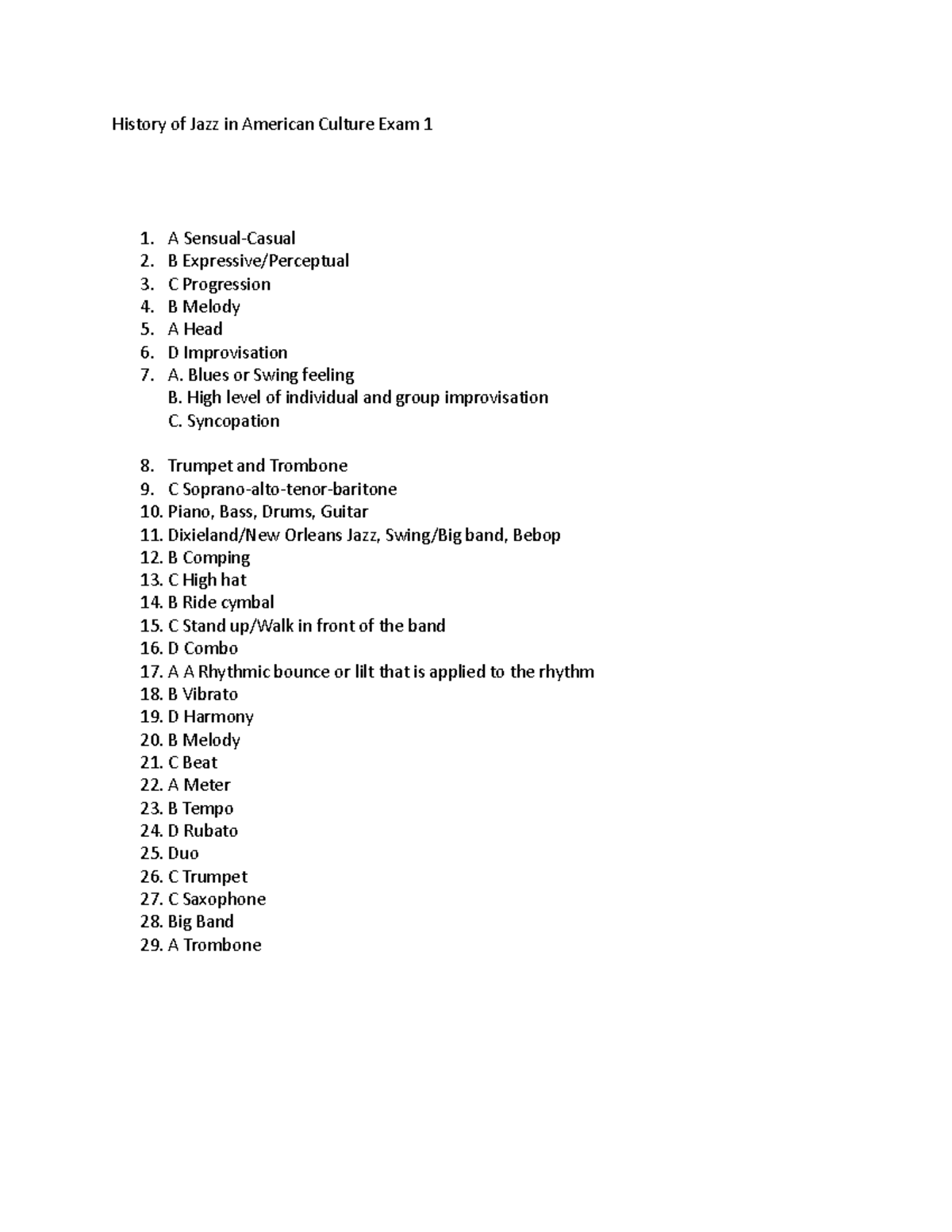 Jazz 101 - Exam 1 Answers on American Jazz History - Studocu
