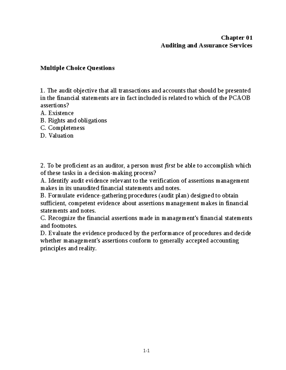 Doc - Audit 2 - Chapter 01 Auditing and Assurance Services Multiple Choice Questions The audit ...