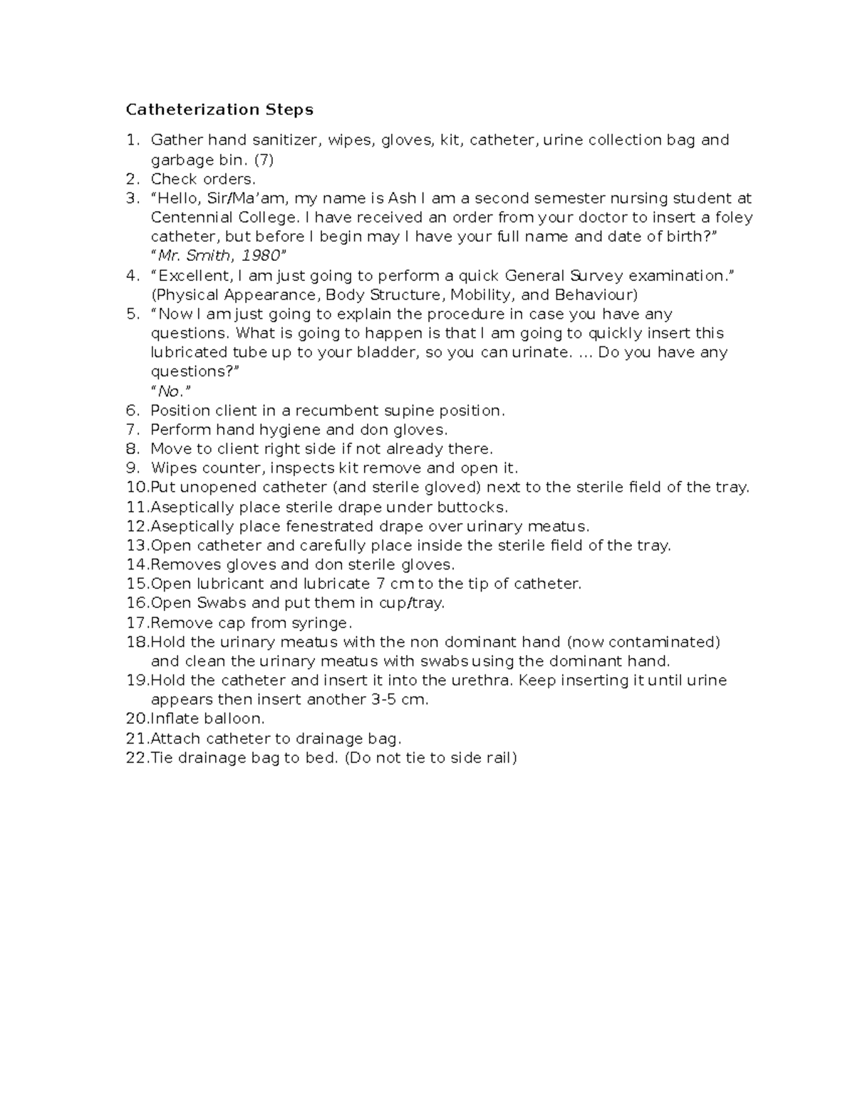 Catheterization Procedure Steps for Nursing Students (NURS 101) - Studocu