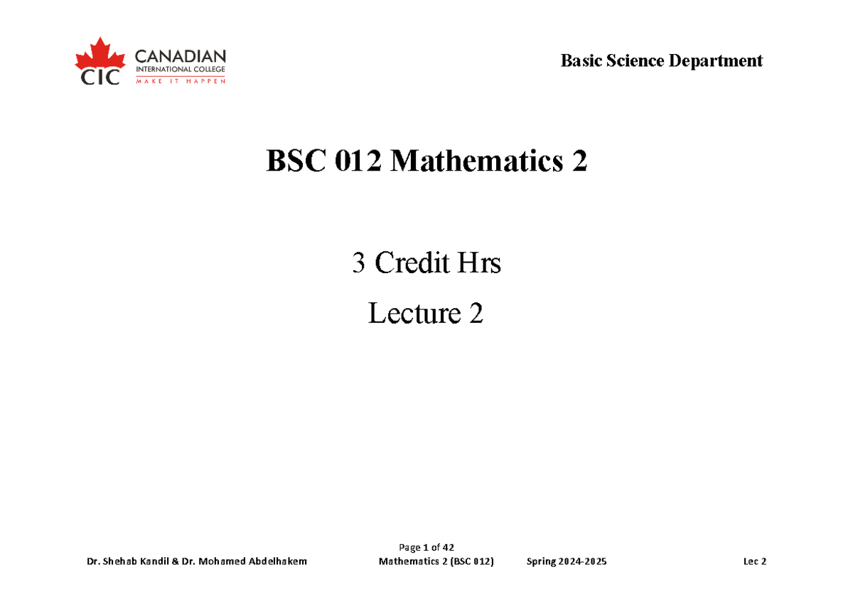 BSC 012 Mathematics 2 Lecture Notes - Spring 2024-2025 - Studocu