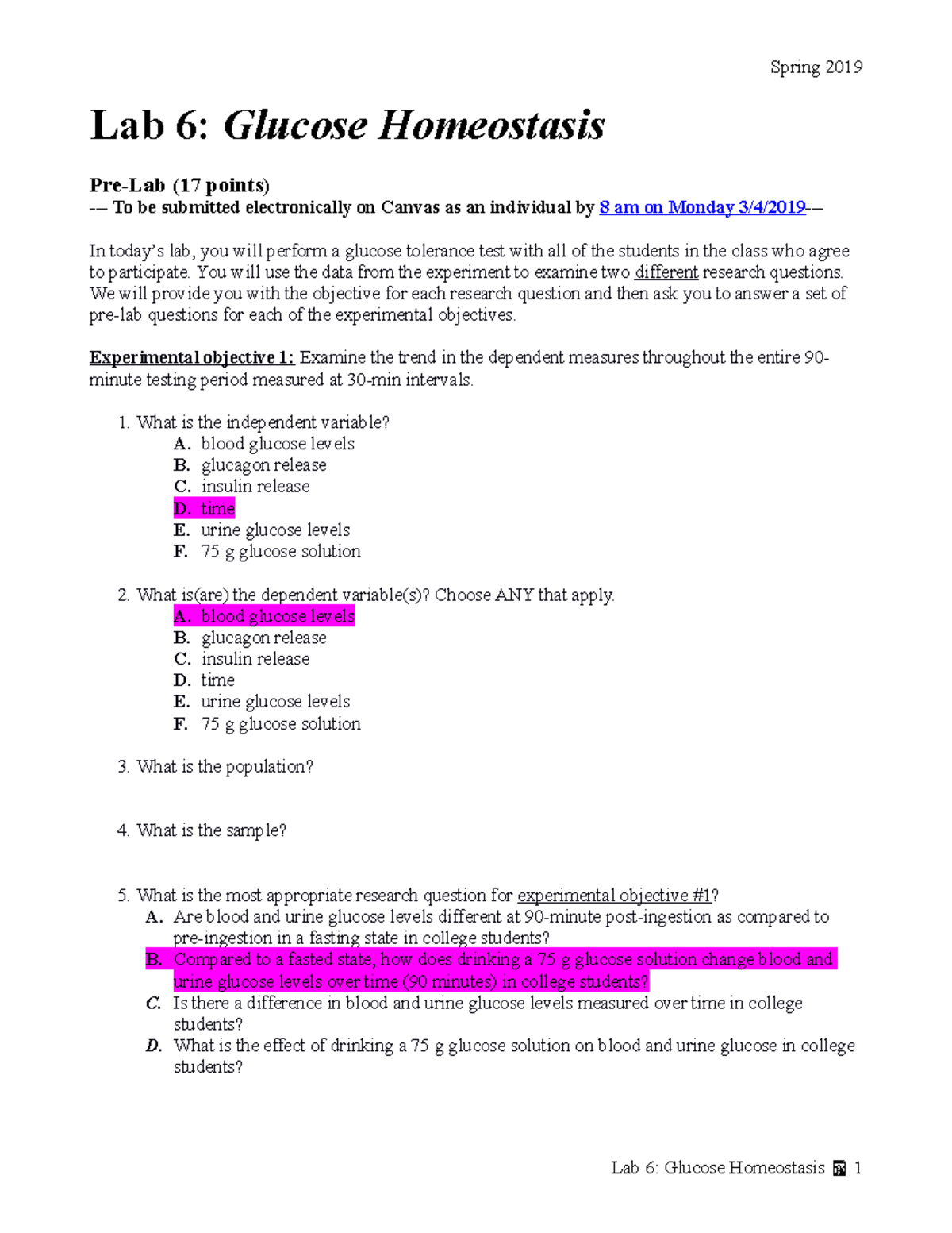 Lab 6 Glucose Homeostasis Pre Lab - Spring 2019 Lab 6: Glucose ...