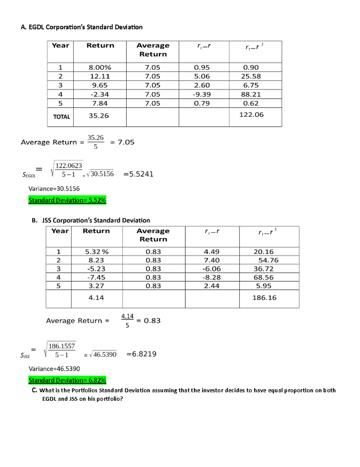 Measuring Risk - Financial Markets - A. EGDL Corporation’s Standard ...