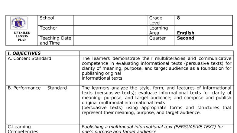 Grade 8 English Lesson Plan: Understanding Persuasive Texts - Studocu