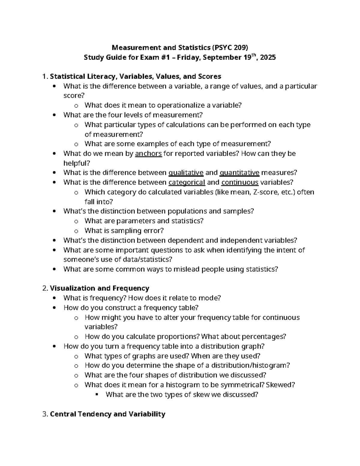 Measurement and Statistics Study Guide (PSYC 209) for Exam #1 - Studocu