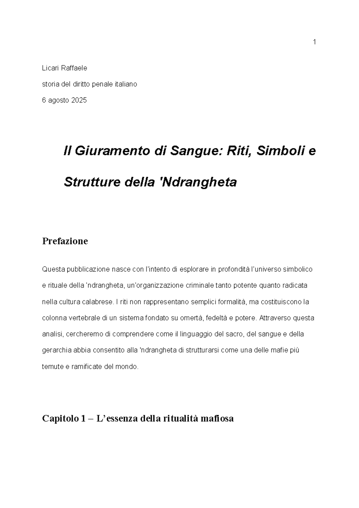Relazione: Il Giuramento di Sangue nella Mafia Calabrese - Studocu
