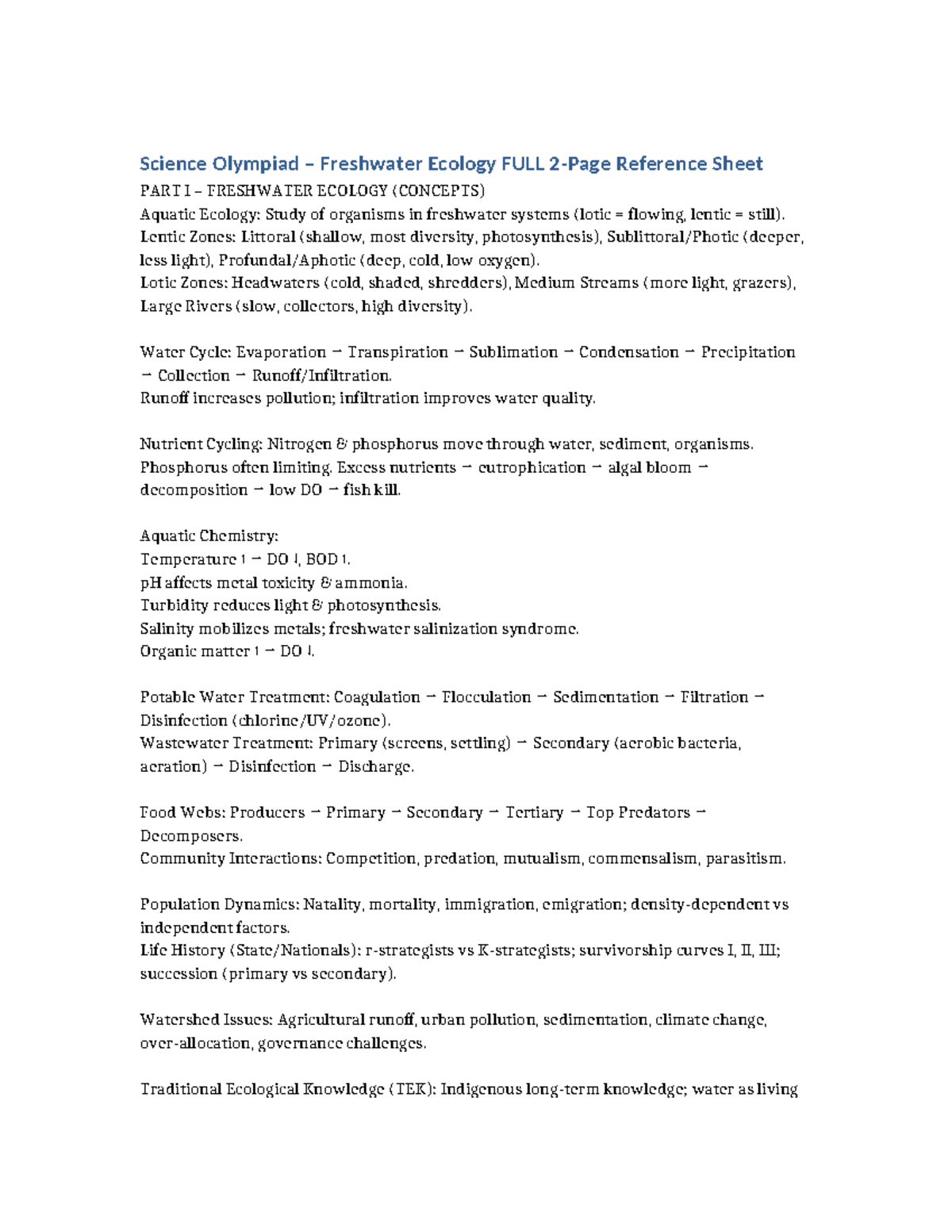 Science Olympiad Freshwater Ecology Reference Sheet PART I & II - Studocu
