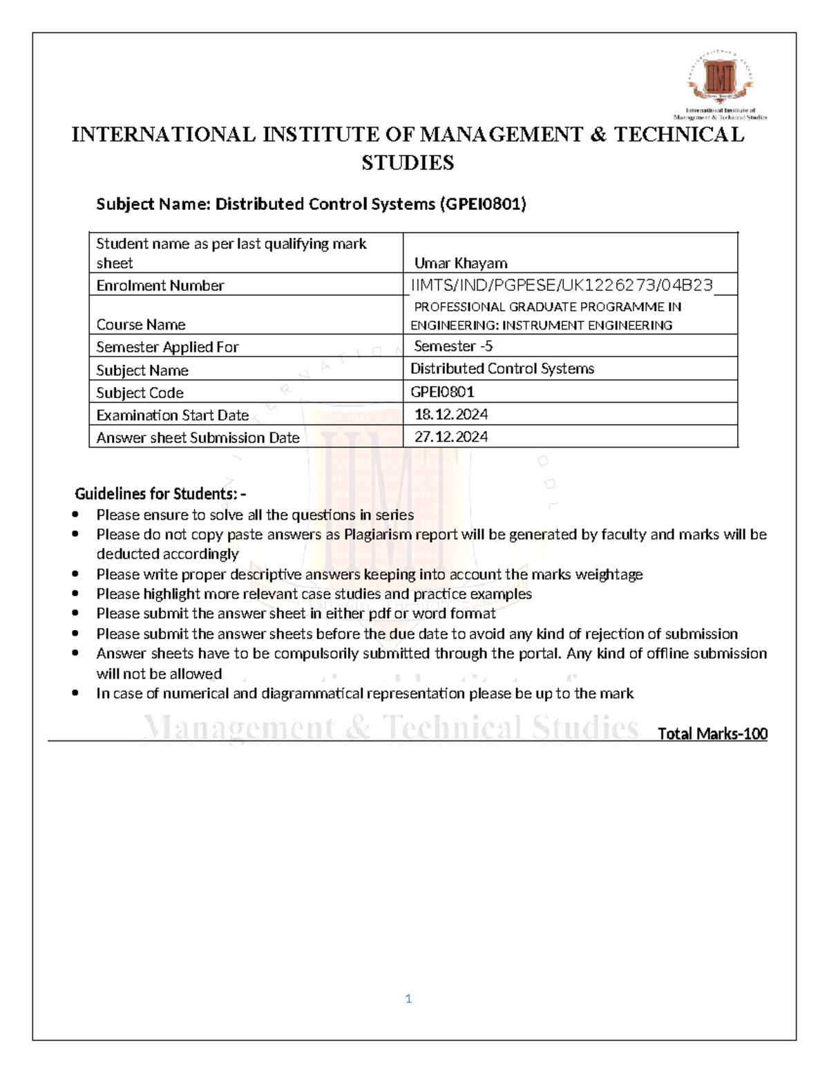 Distributed Control Systems (GPEI0801) Exam Guidelines and Key Concepts ...