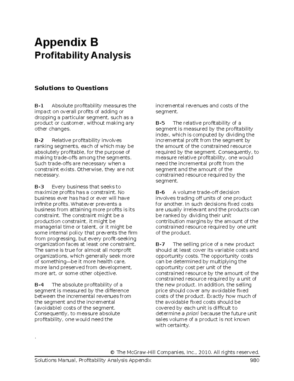 Appendix B: Profitability Analysis Solutions for Managerial Accounting ...