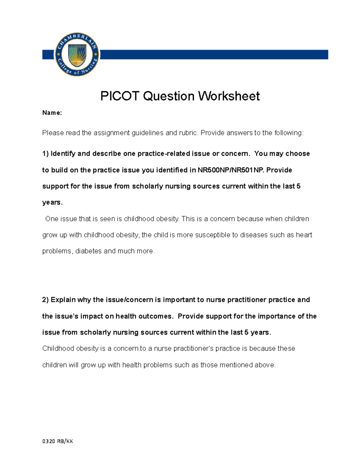 PICOT Worksheet on Childhood Obesity and Nursing Practice Issues - Studocu