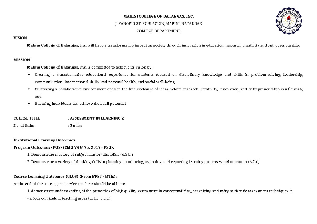 Assessment in Learning 2 - Comprehensive Syllabus Overview - Studocu