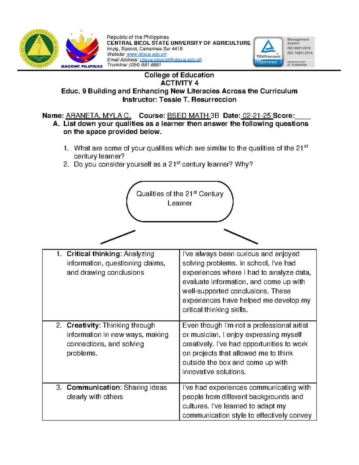 Activity 4 EDUC 9 - EDUC - College of Education ACTIVITY 4 Educ. 9 Building and Enhancing New ...
