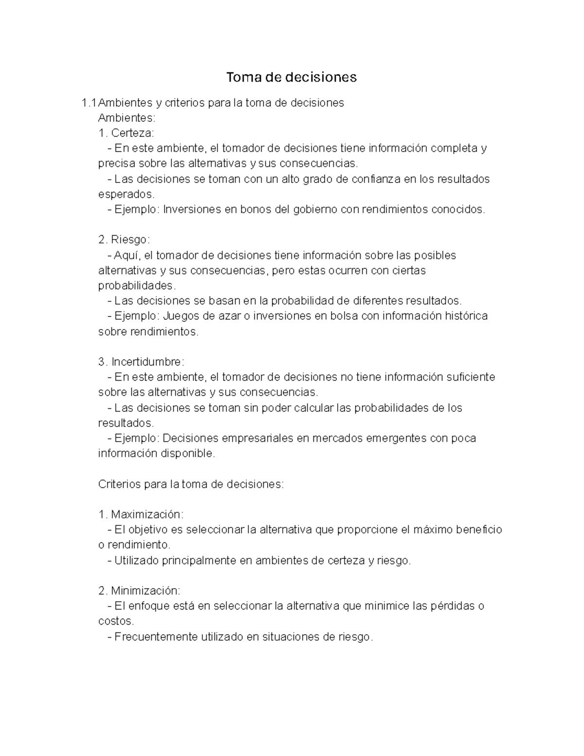 Toma de Decisiones: Ambientes y Criterios - Unidad 1 Apuntes - Studocu