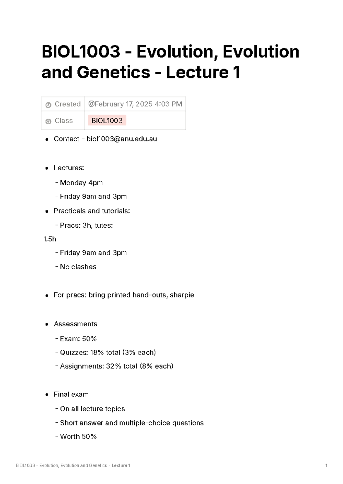 BIOL1003 Evolution and Genetics Lecture 1 Notes - Studocu