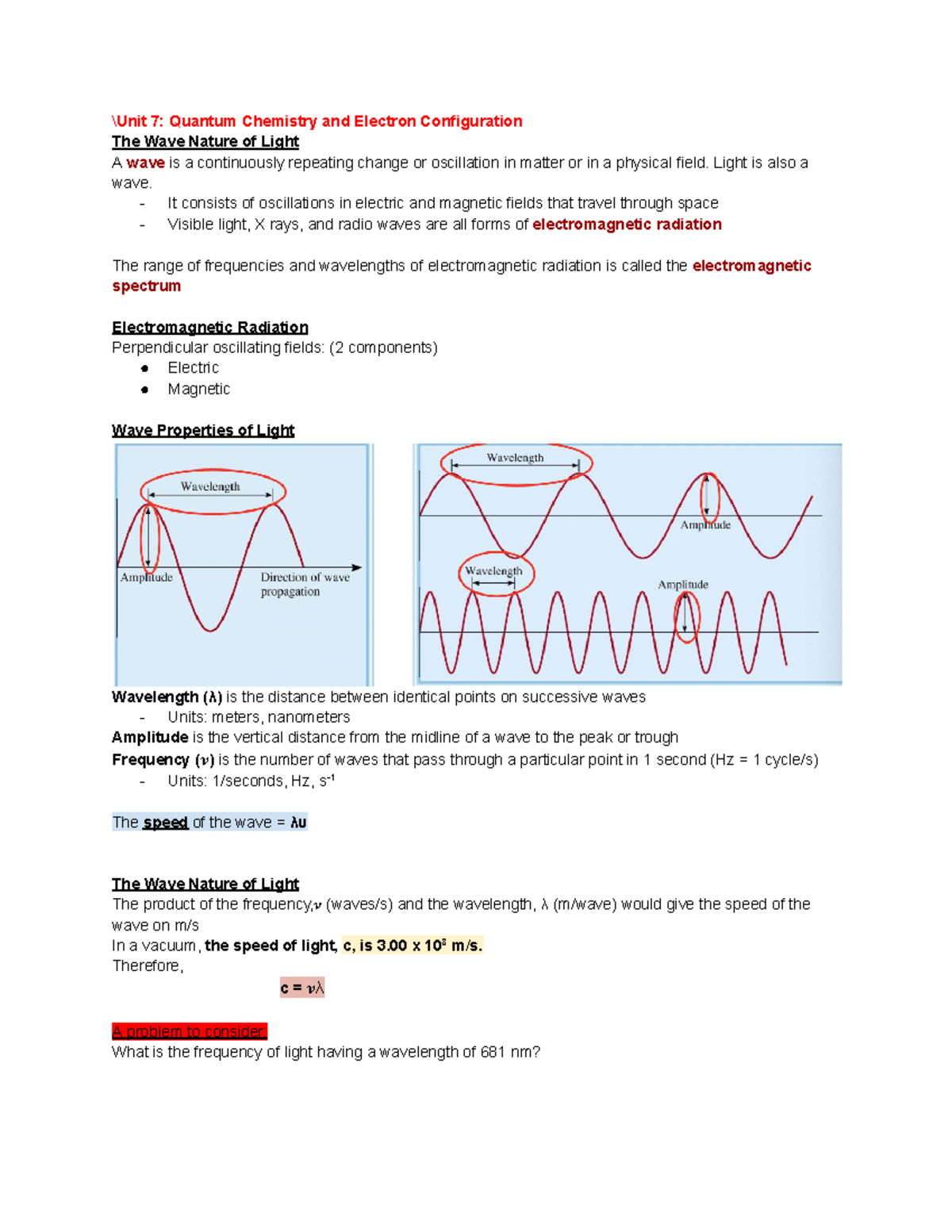 Unit 7 Quantum Chemistry: Wave Nature of Light & Electron ...