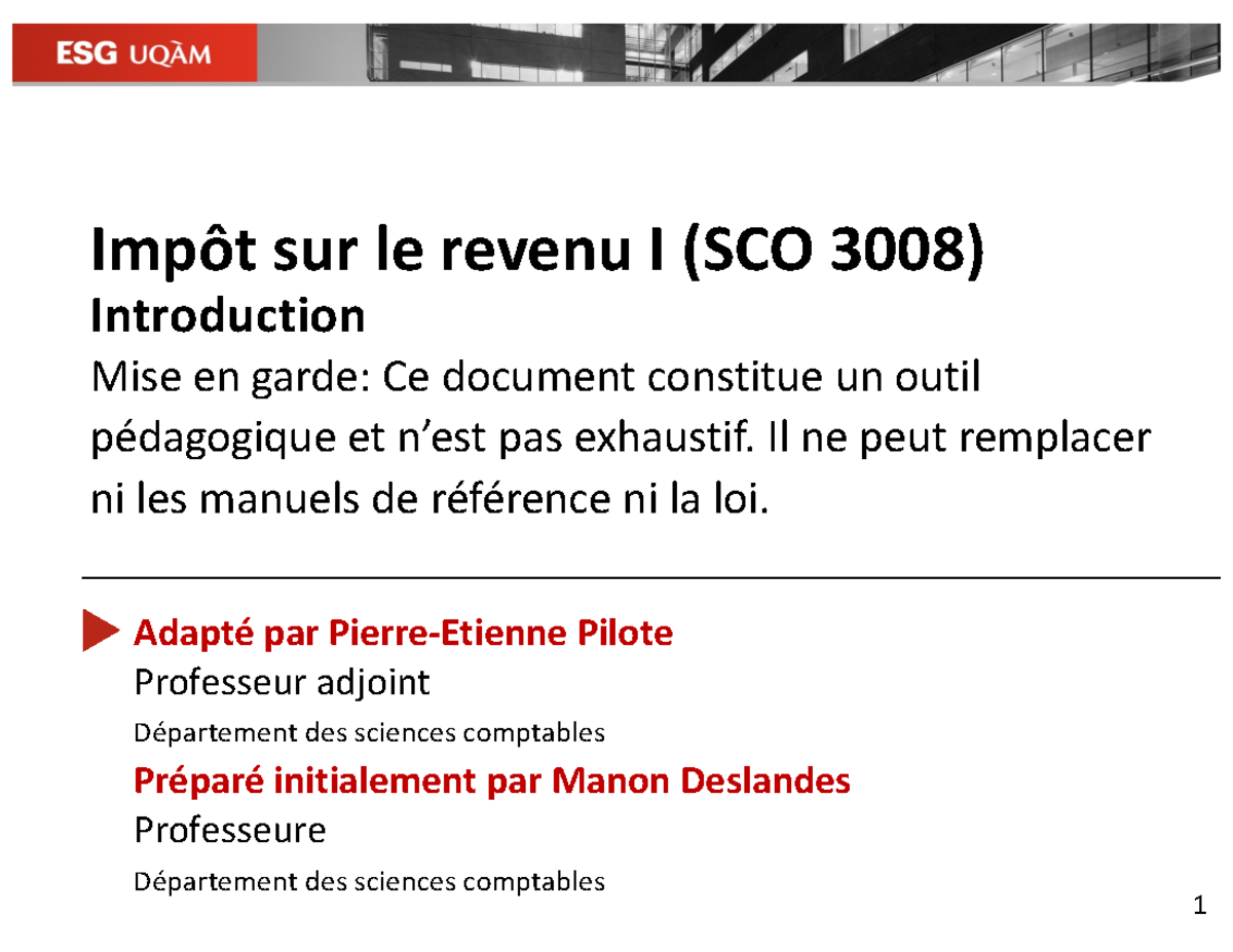 SCO3008 Thème 1 A2024 - notes de cours - Impôt sur le revenu I (SCO ...