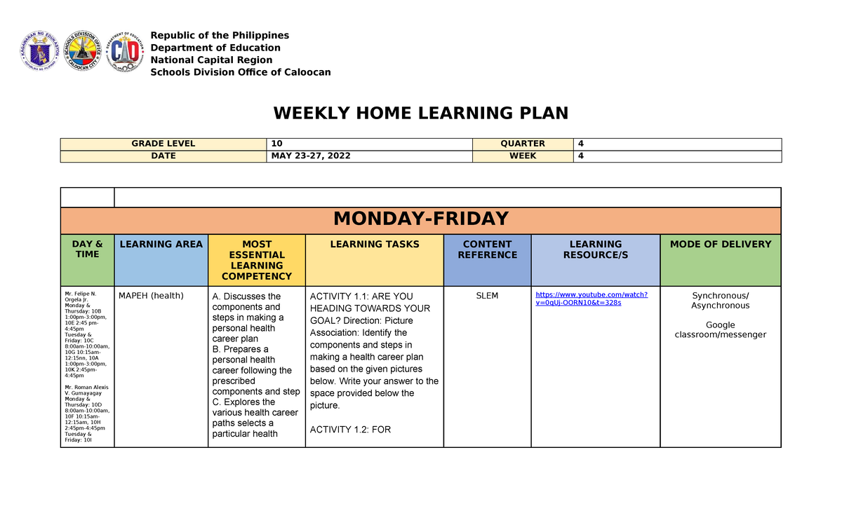 WHLP Q4 W4 Health Career Planning Activities - May 10, 2022 - Studocu