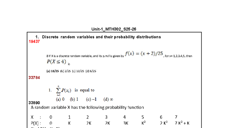 Unit-1 MTH302: Discrete Random Variables & Probability Distributions ...