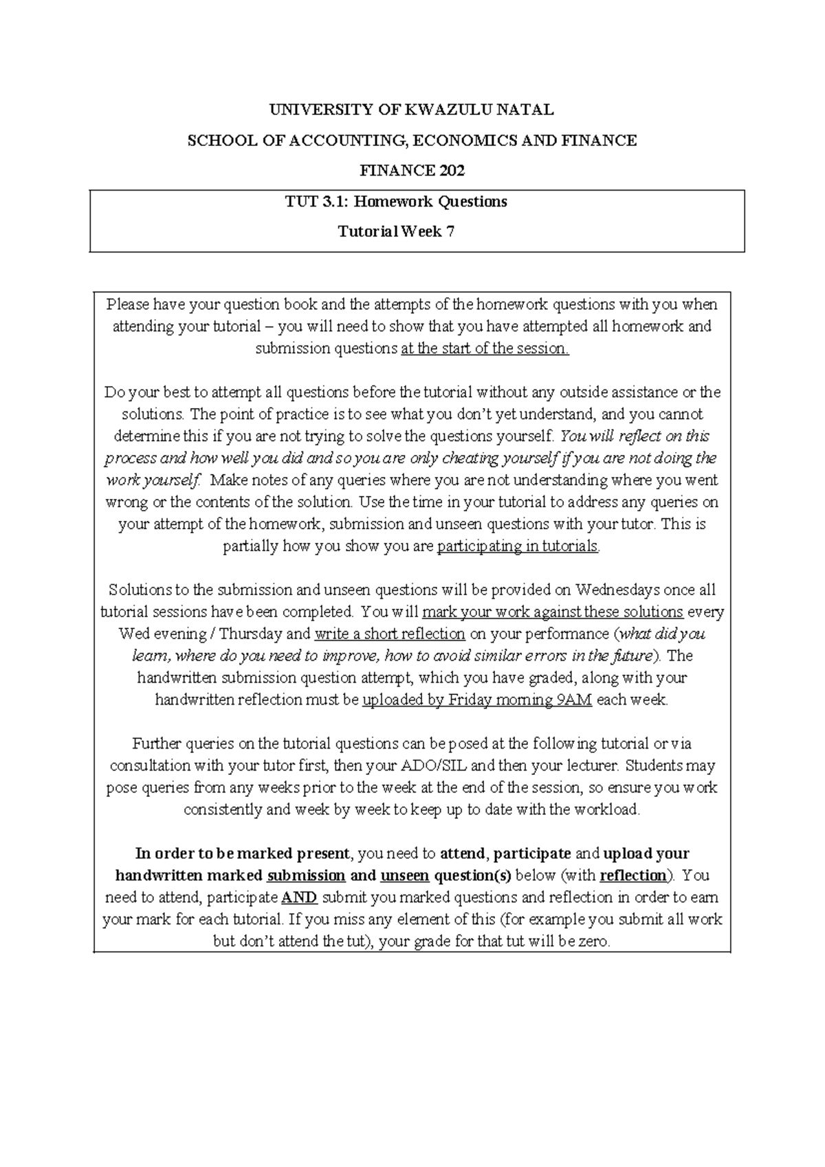 FINA202 TUT 3.1: Homework & Submission Questions for Week 7 - Studocu