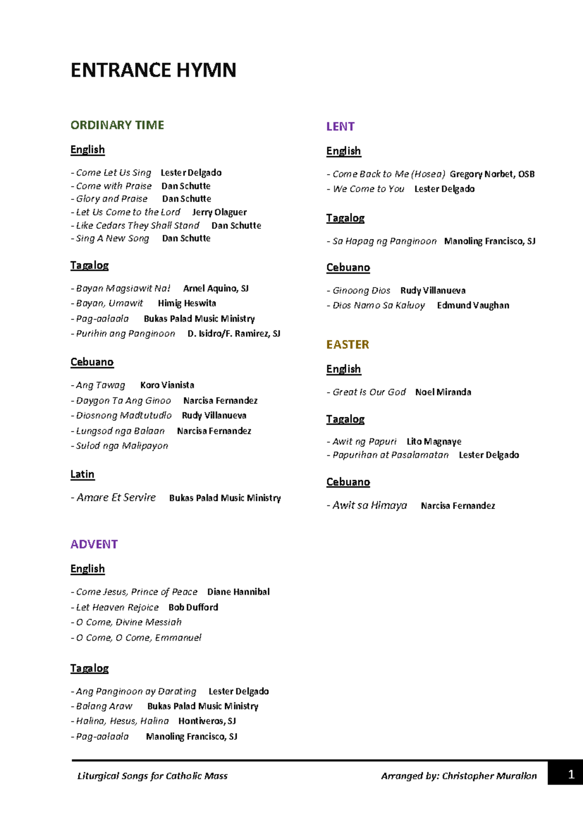 Liturgical Songs for Catholic Mass: Hymns for Ordinary Time & Seasons ...