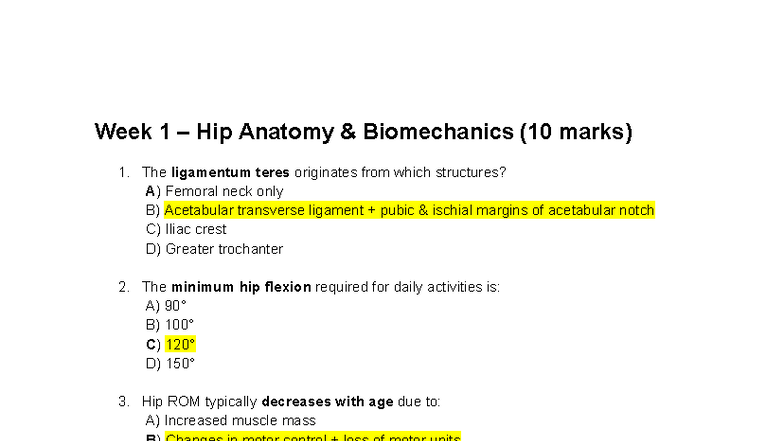 Week 1-6 Anatomy & Biomechanics Practice Questions (10 Marks) - Studocu