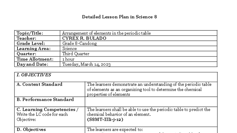 Detailed Lesson Plan: Arrangement of Elements in Science 8 - Studocu