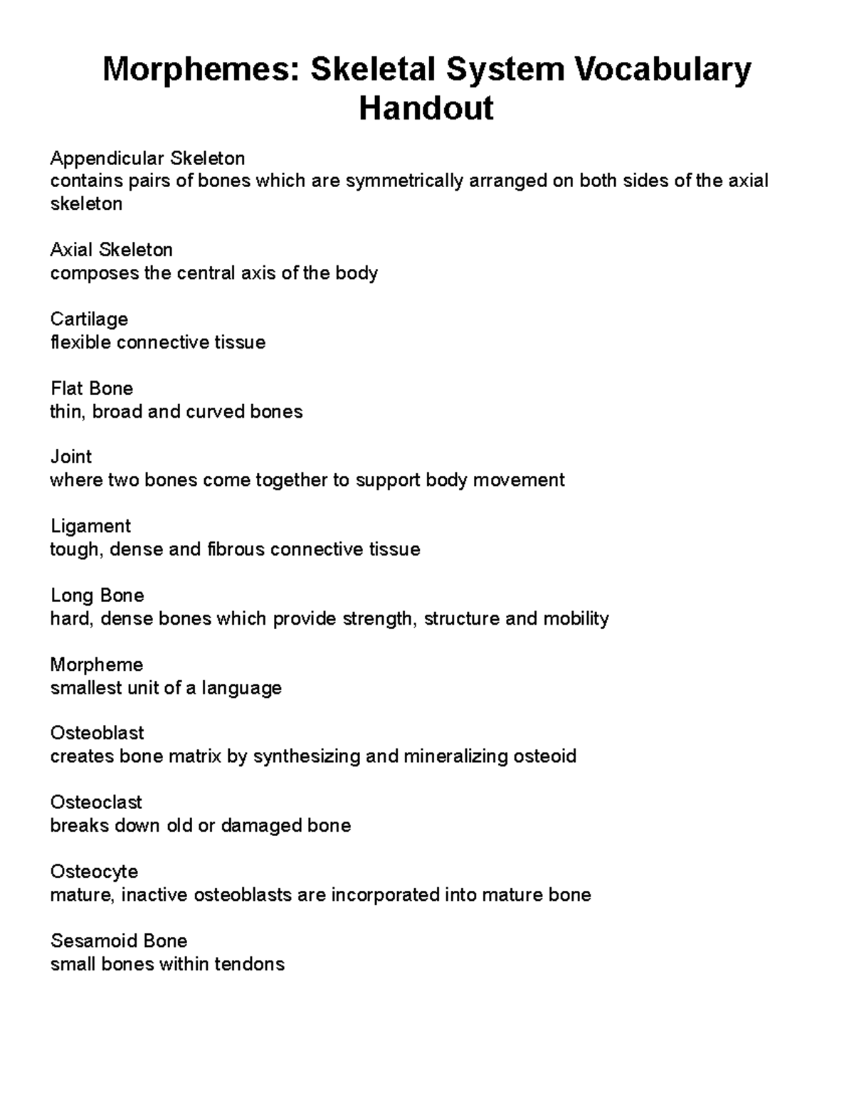 Skeletal System Vocabulary Handout - Morphemes: Skeletal System ...