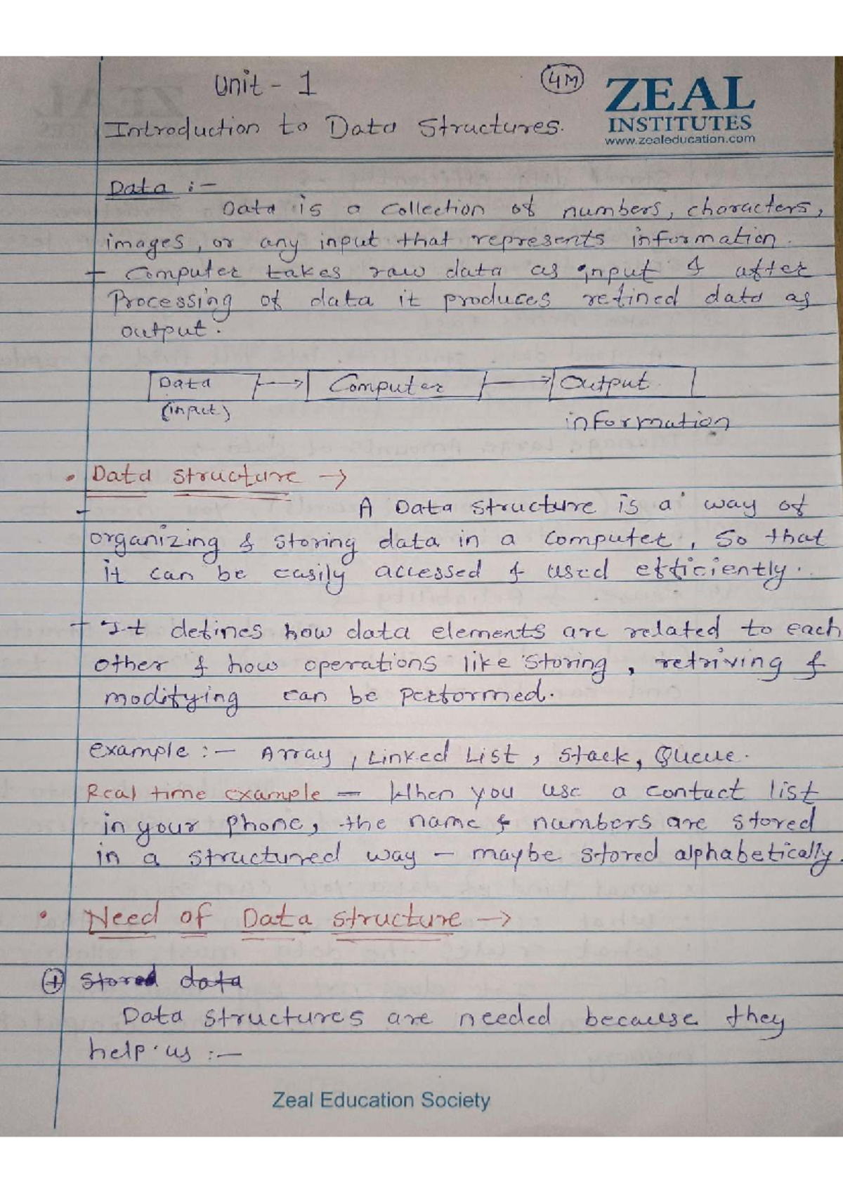 DSU 4M ZEAL Unit 1: Introduction to Data Structures Notes - Studocu