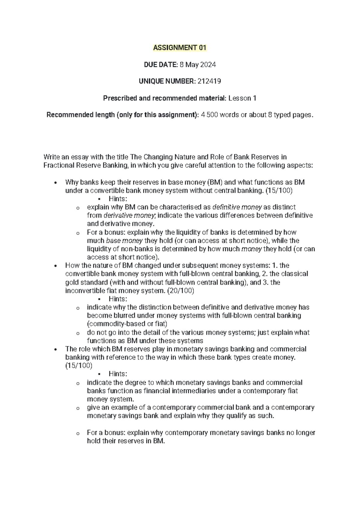 Assignments - Essay Questions on Banking and Monetary Policy Concepts ...