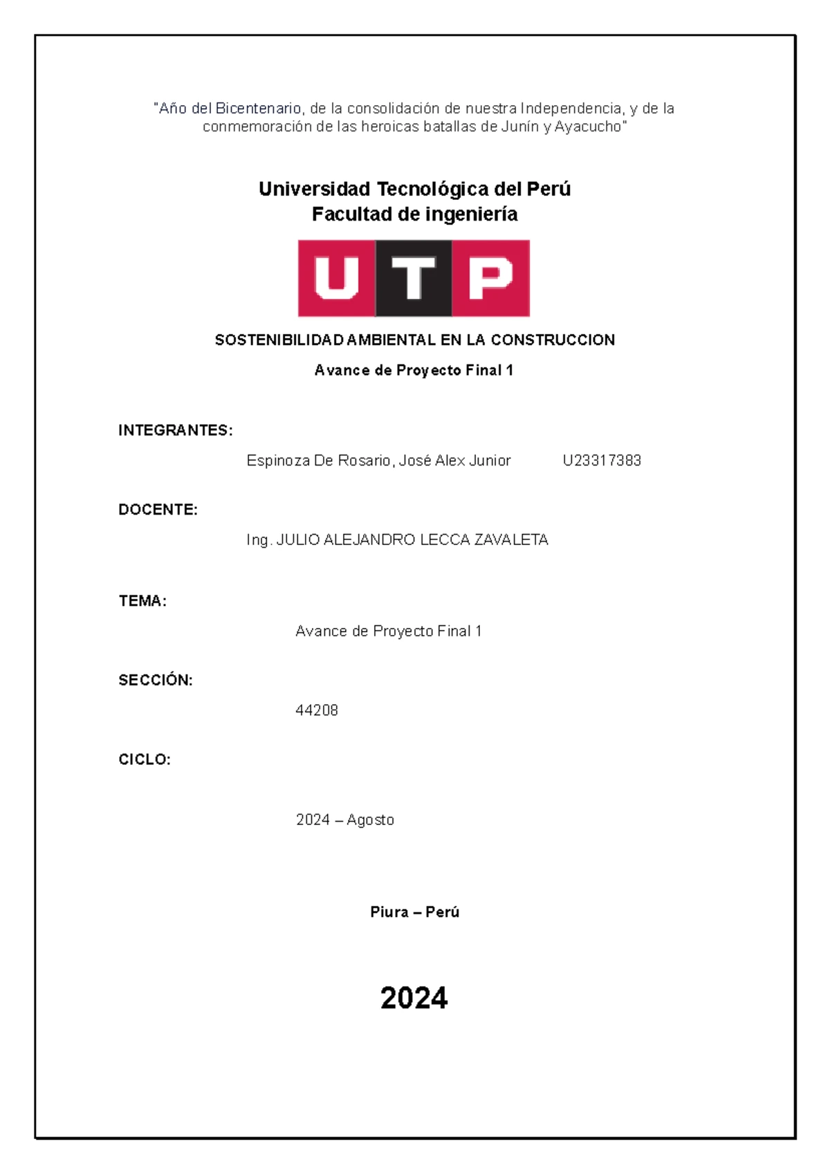 Avance del Proyecto Final de Sostenibilidad Ambiental (APF3) - Studocu