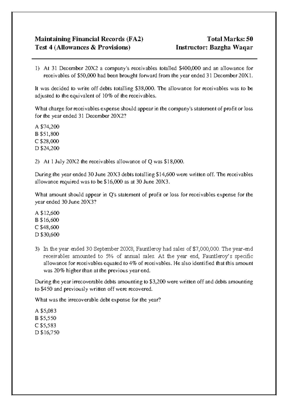 FA2 Test 4: Allowances & Provisions - Financial Records Exam Notes ...