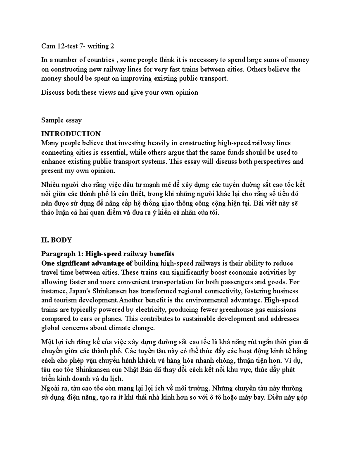 Cam 12 - Test 7: Writing Task 2 - Railway vs Public Transport - Studocu