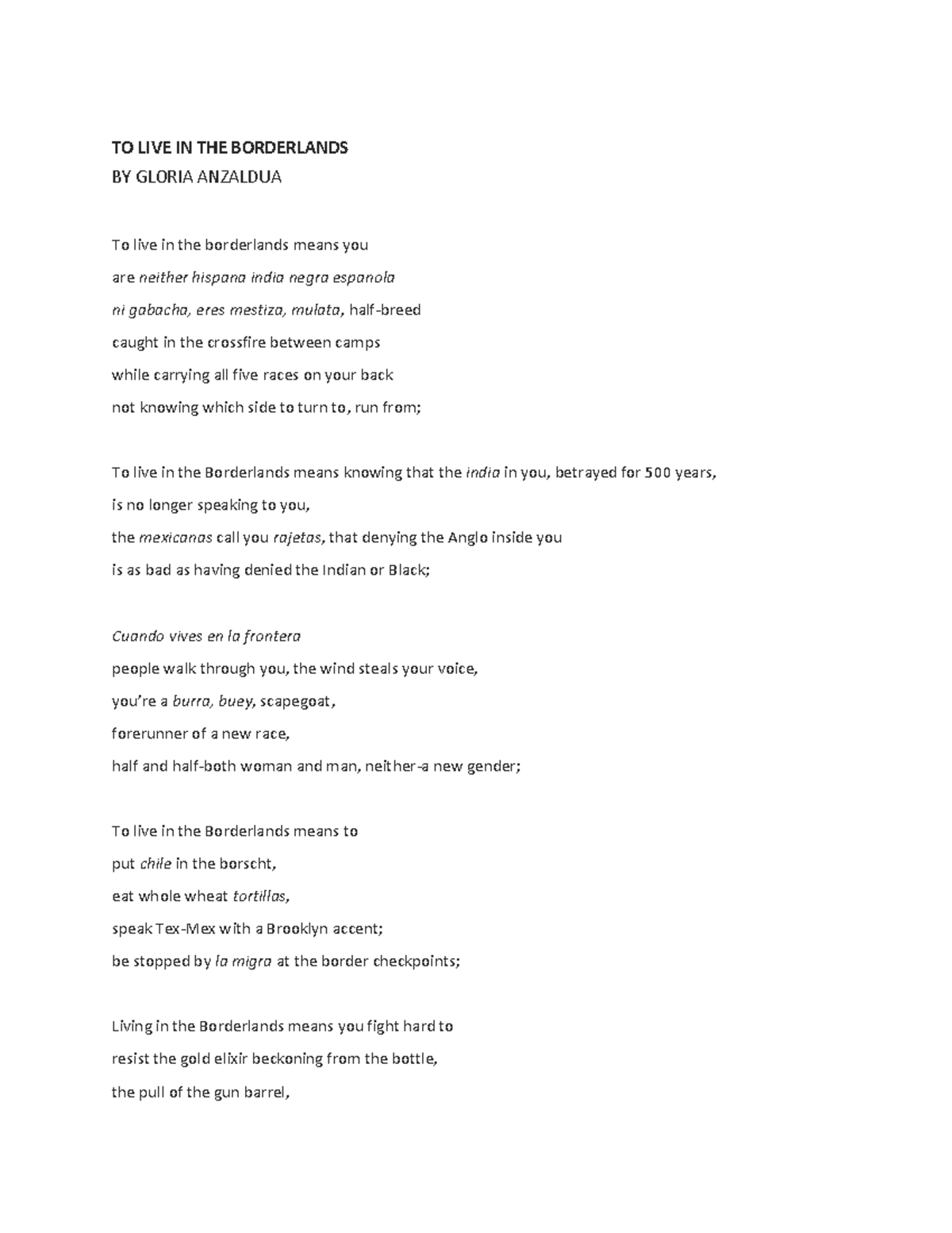 Analysis of "To Live in the Borderlands" by Gloria Anzaldua: A Critical ...