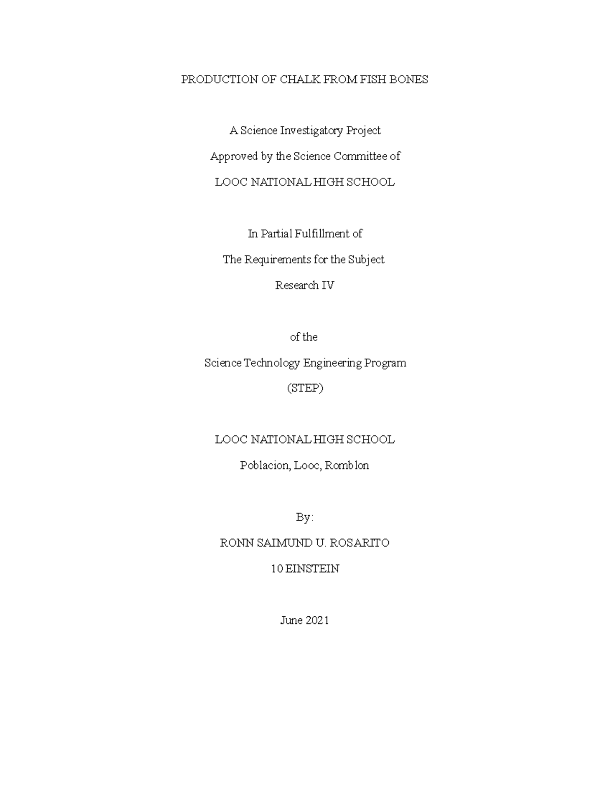 Research IV: Production of Chalk from Fish Bones - Investigatory ...