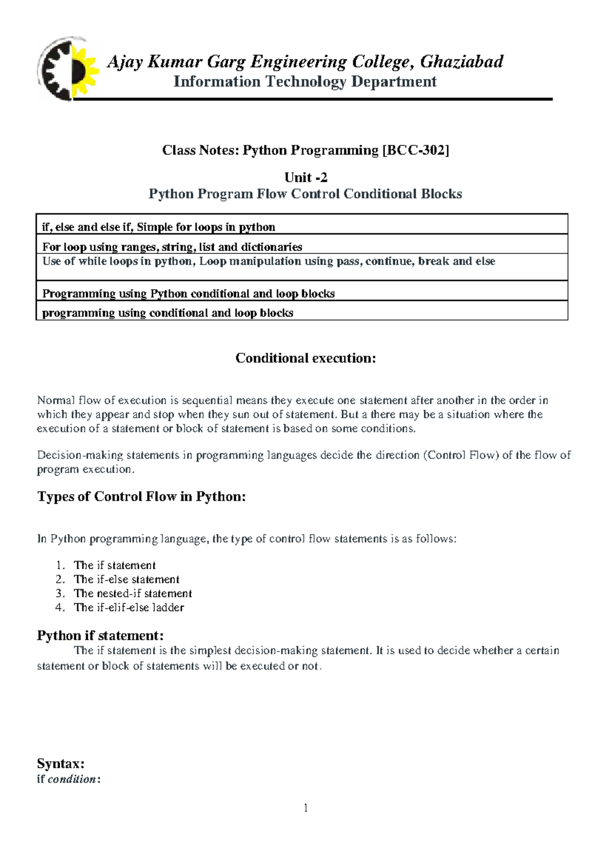 Ajay Kumar Garg Engineering College IT Dept: Python Programming Unit 2 ...