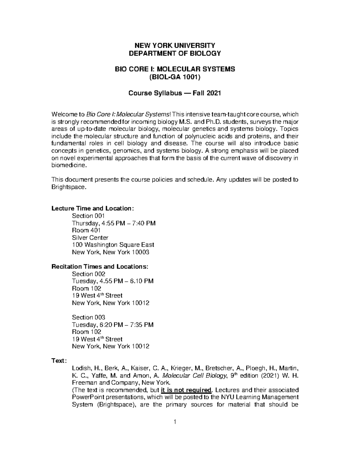 Bio Core I Syllabus, - NEW YORK UNIVERSITY DEPARTMENT OF BIOLOGY BIO ...