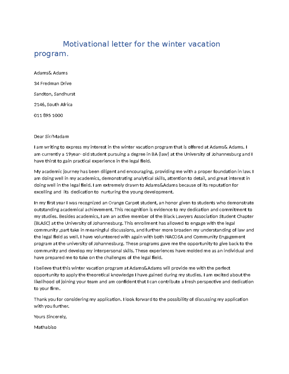 Motivational Letter for Winter Vacation Program at Adams & Adams - Studocu