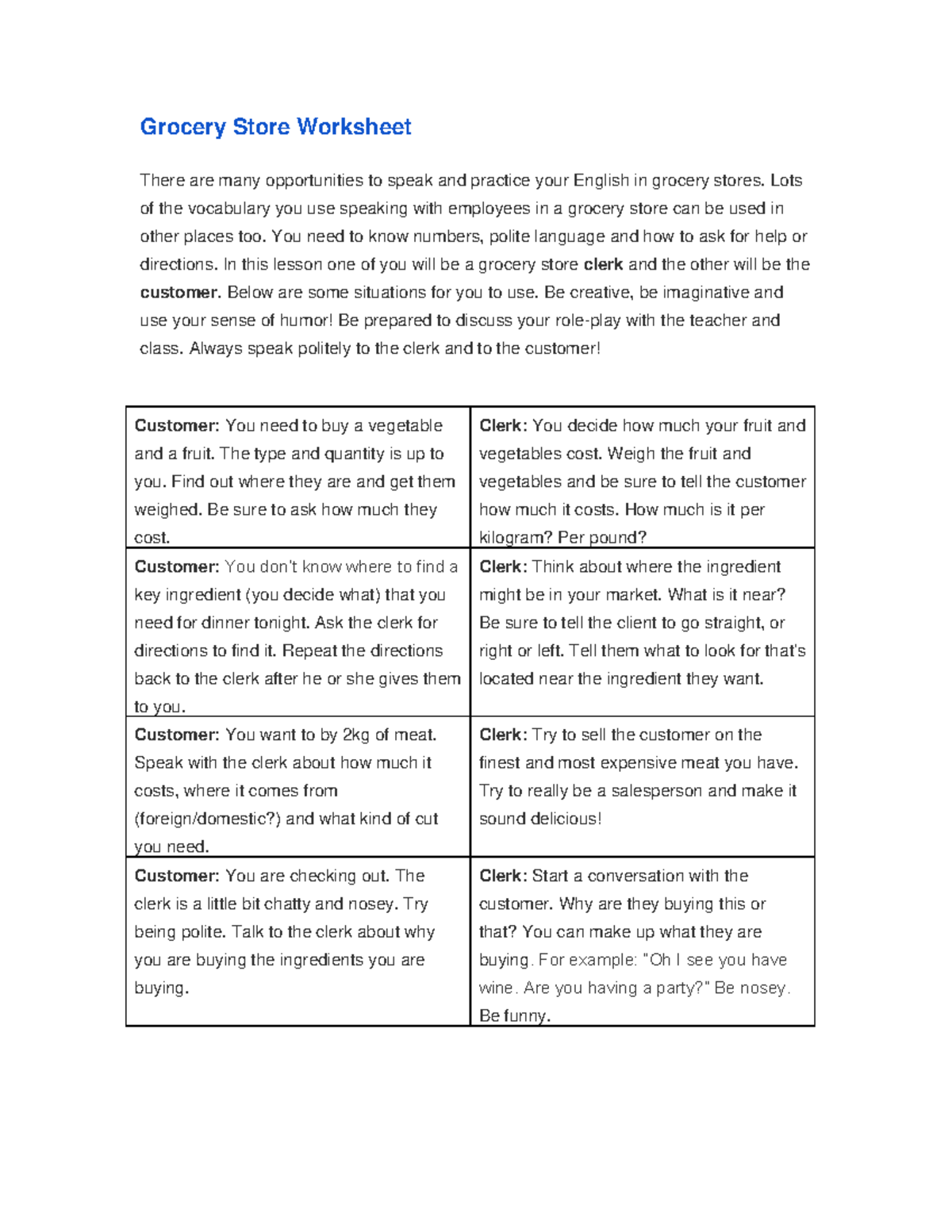 Grocery Store Role Play Worksheet: English Practice Activities - Studocu