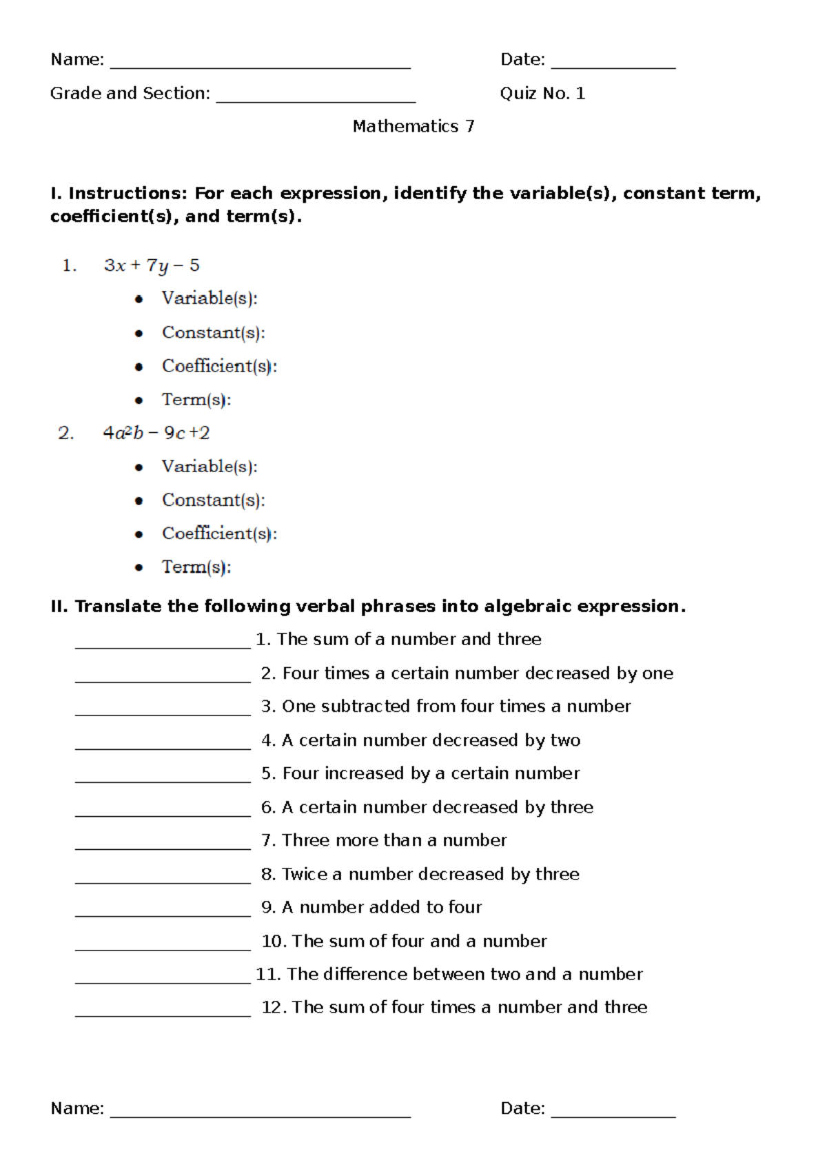 Q4 Quiz 1 - Identifying Variables and Expressions in Math 7 - Studocu