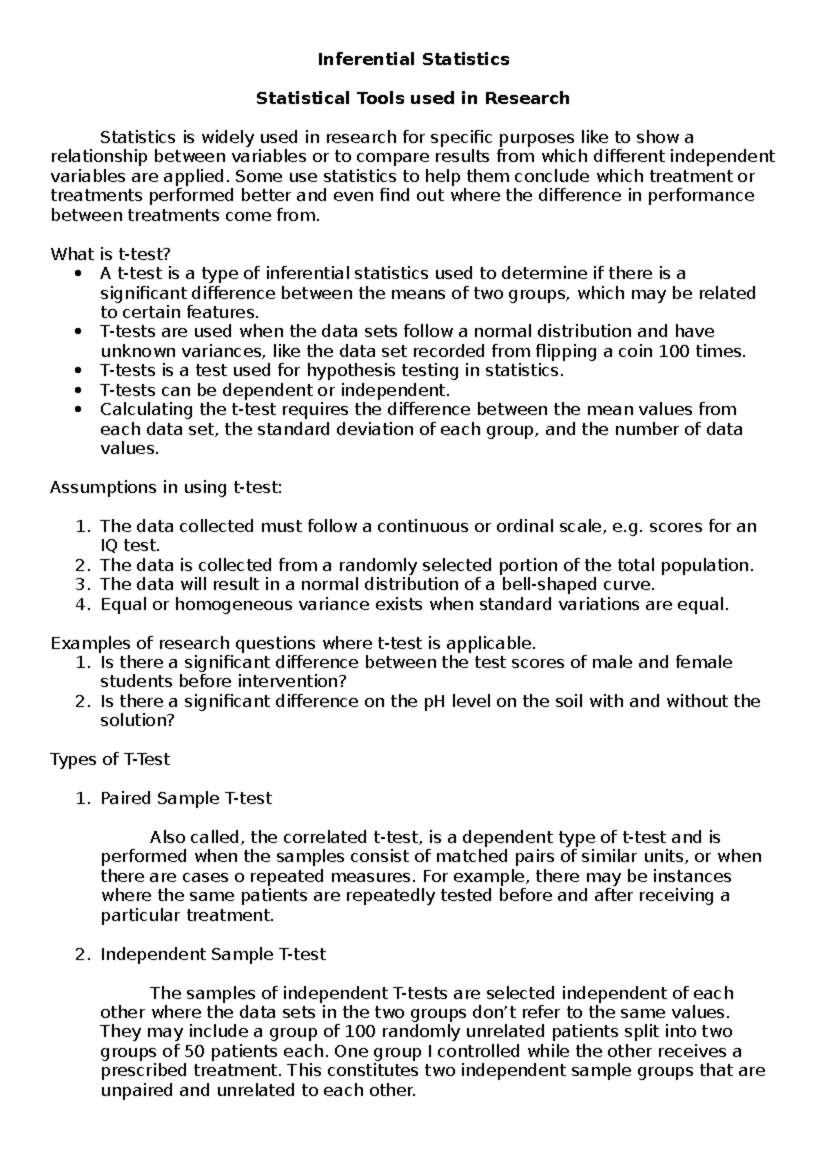 Research 9: Understanding Inferential Statistics and t-Tests - Studocu