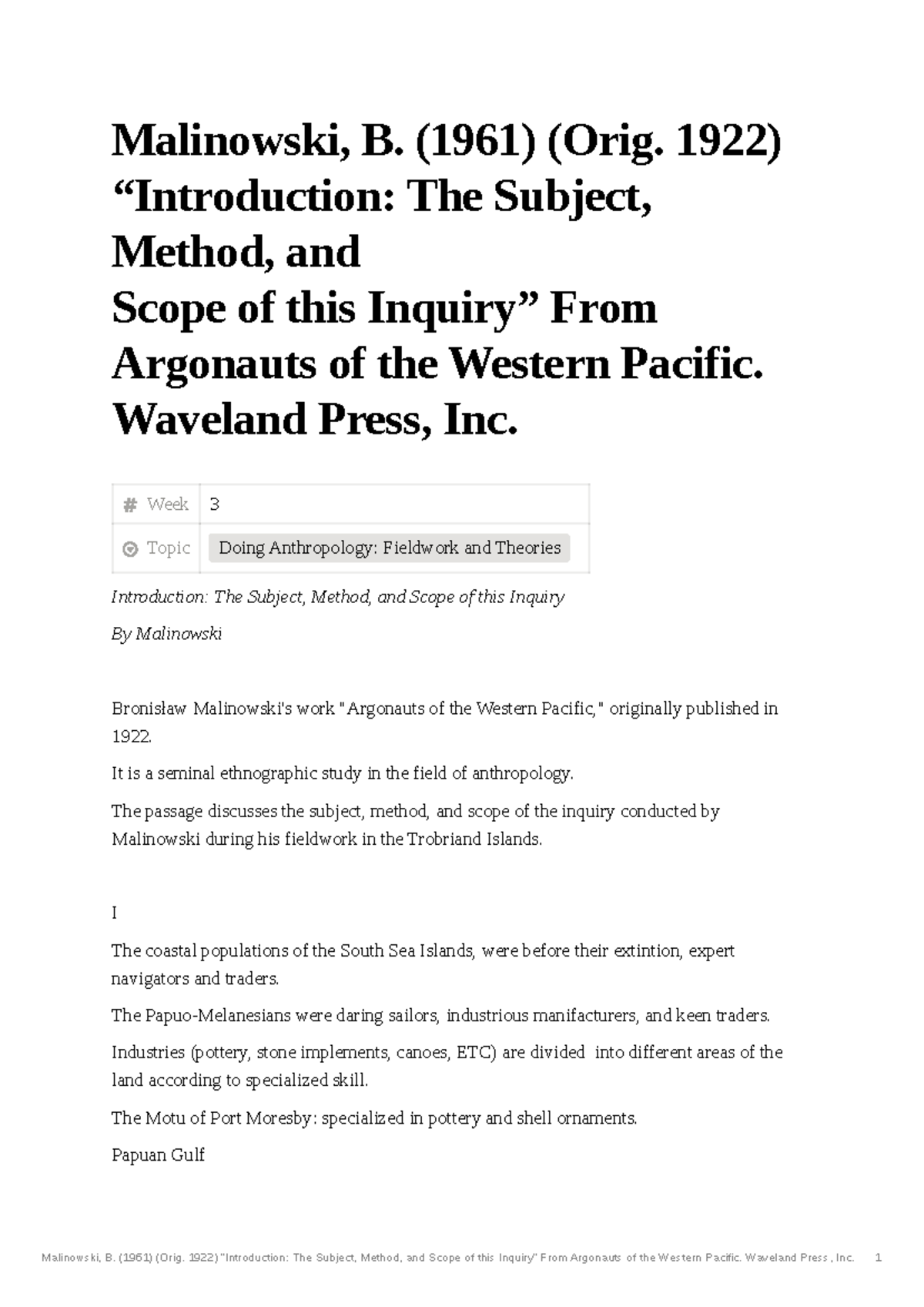 Malinowski's Inquiry: Subject, Method, and Scope in Anthropology - Studocu