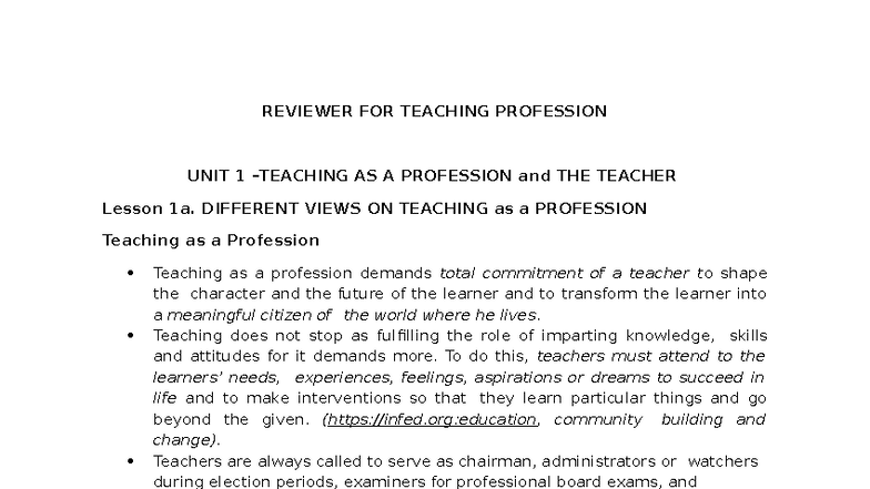 REVIEWER FOR TEACHING PROFESSION UNIT 1: TEACHING AS A PROFESSION - Studocu