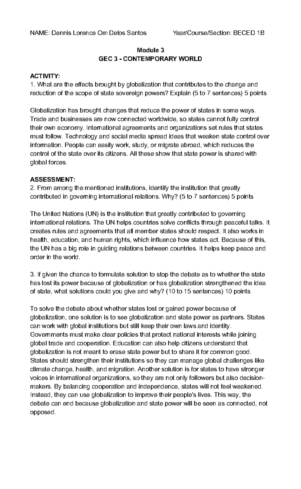 GEC 3 Module 3 - Globalization and State Sovereignty Analysis - Studocu