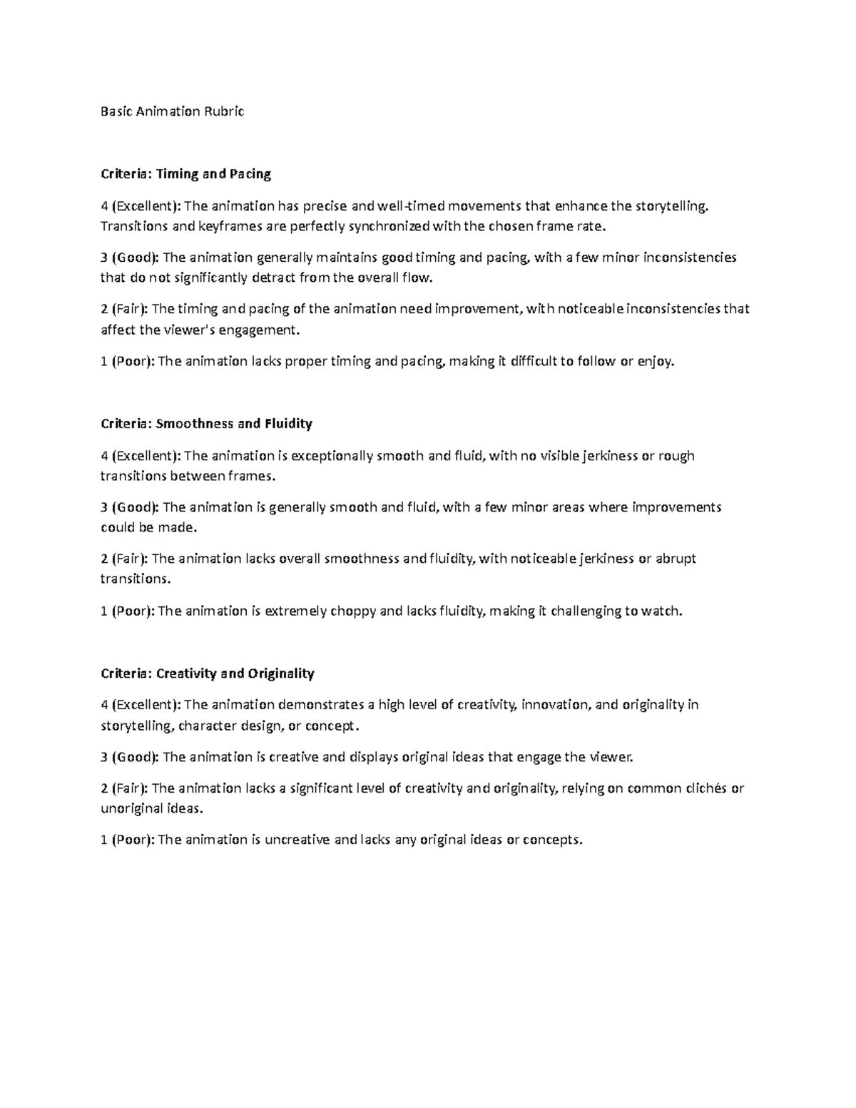 Basic Animation Rubric Evaluation Criteria and Ratings - Studocu