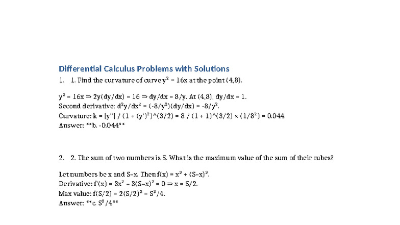 Differential Calculus Problems & Solutions - Course Code: MATH101 - Studocu