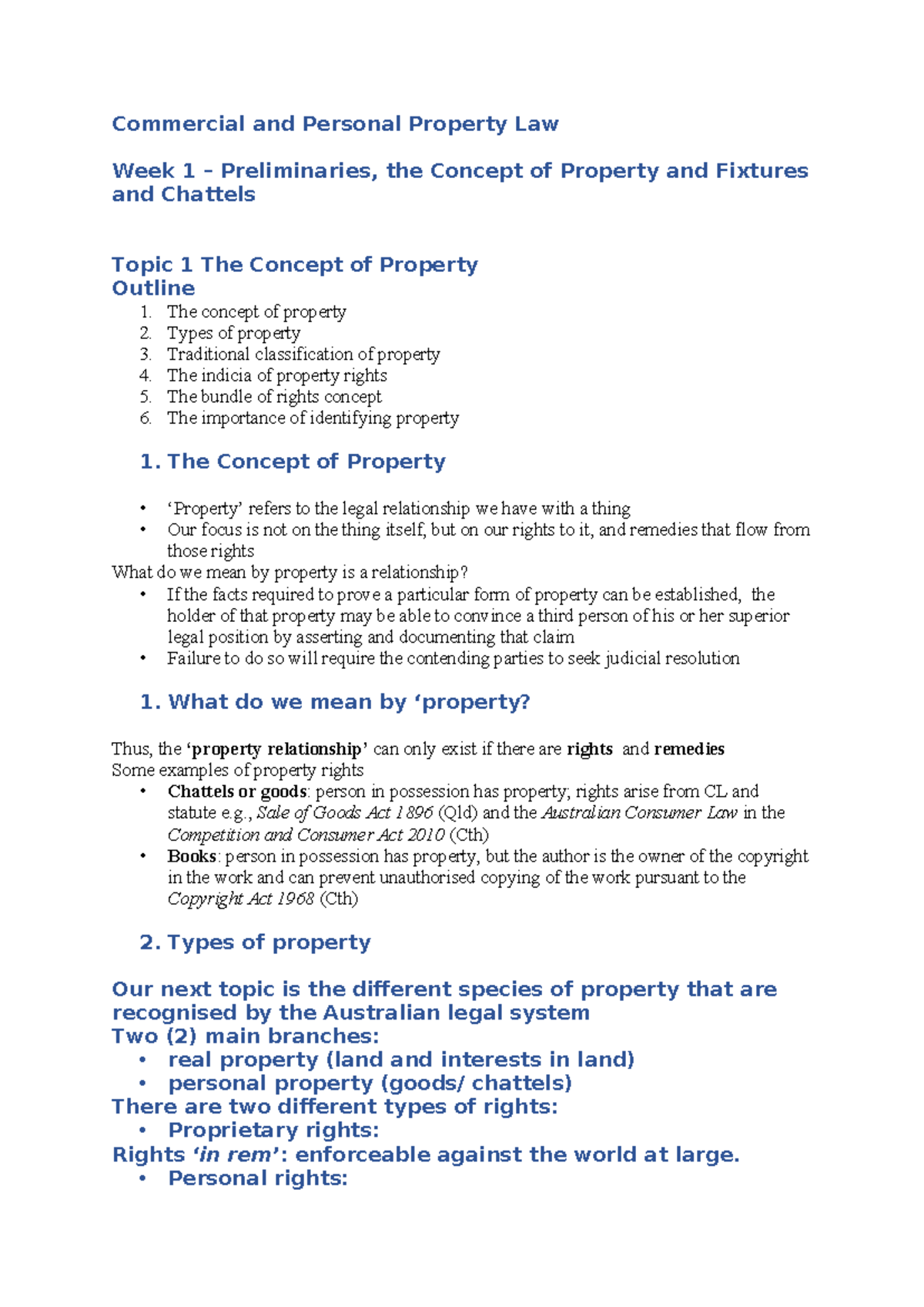 Commercial and Personal Property Law (Week 1) - Property Concepts and ...