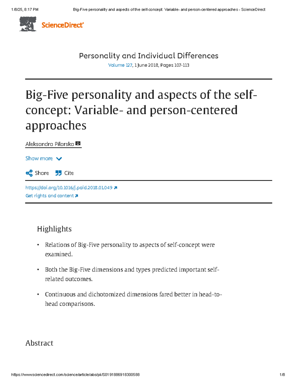 Big-Five Personality & Self-Concept: Variable- vs. Person-Centered Approaches - Studocu