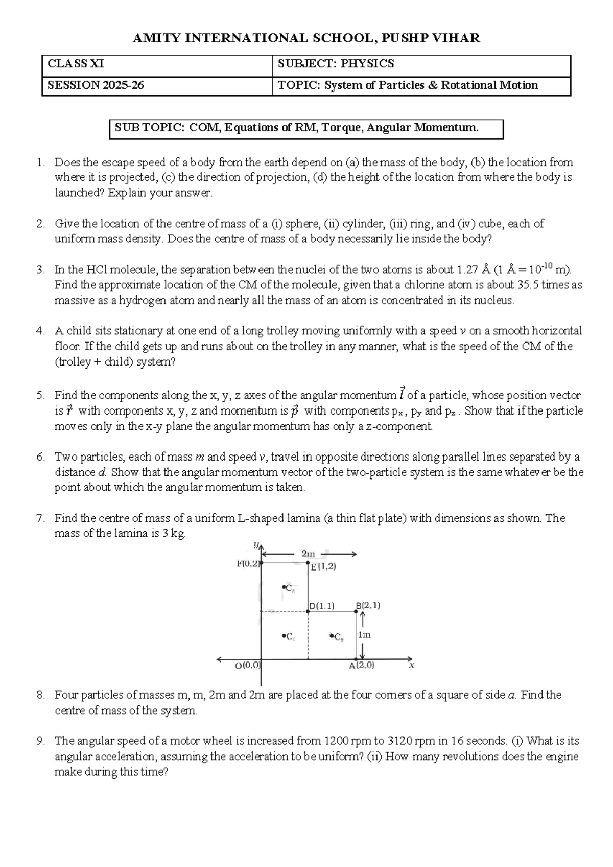 Physics Class XI Assignment: System of Particles & Rotational Motion - Studocu